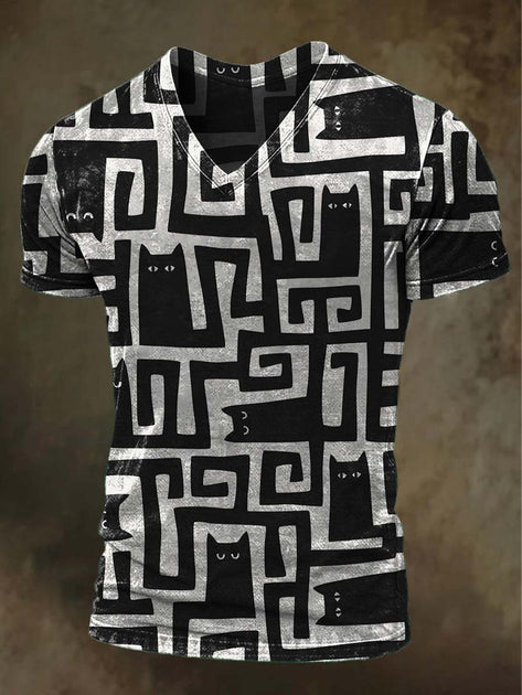 Black Cat Maze Print Casual Short-Sleeve T-Shirt – luckkyman