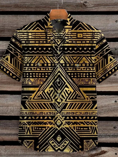 Vintage Black Gold Aztec Style Stripe Print Casual Shirt – luckkyman
