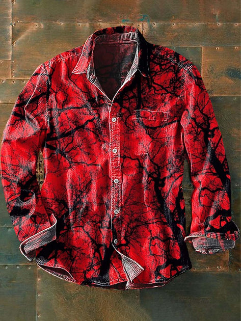 Men's Red Forest Print Abstract Casual Long Sleeve Shirt – luckkyman
