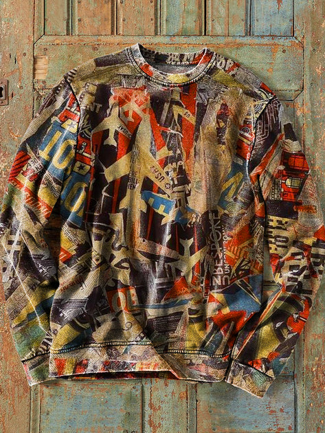 Men's Vintage Airplane Newspaper Patchwork Art Print Crew Neck Sweatsh ...