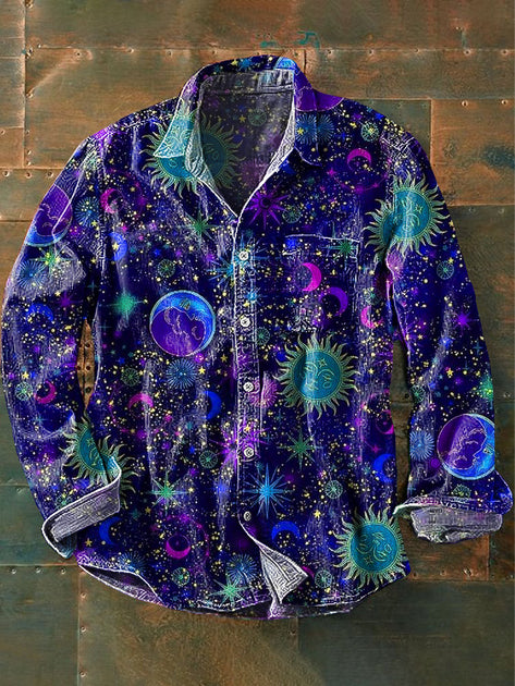Men's Vintage Intergalactic Sun God Moon Art Print Lapel Long Sleeve P ...