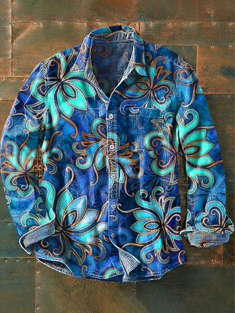 Men's Vintage Colorful Floral Art Print Lapel Long Sleeve Pocket Shirt ...