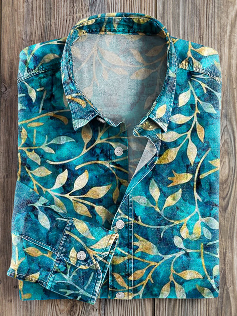 Men's Vintage Western Leaf Pattern Art Print Lapel Long Sleeve Shirt ...