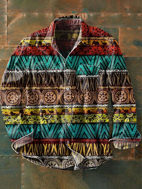 Men's Tribal Ethnic Printed Casual Lapel Long Sleeve Shirt – luckkyman