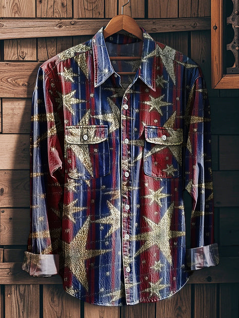 Men's Vintage Color Stripe Star Pattern Long Sleeve Workwear Pocket Sh ...