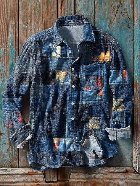 Men's Vintage Denim Patchwork Pattern Cotton Linen Long Sleeve Pocket ...