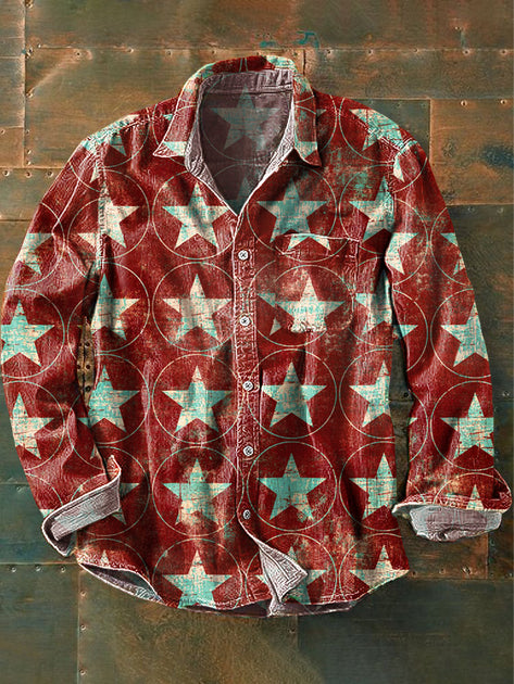 Men's Vintage Abstract Star Pattern Long Sleeve Pocket Shirt – luckkyman