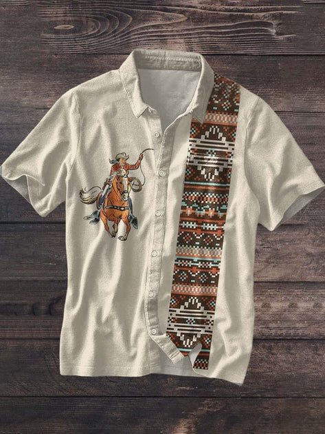 Men's Western Cowboy Patchwork Printed Lapel Short Sleeve Shirt – luckkyman