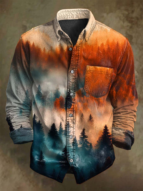 Fall Misty Forest Print Casual Long Sleeve Shirt – luckkyman