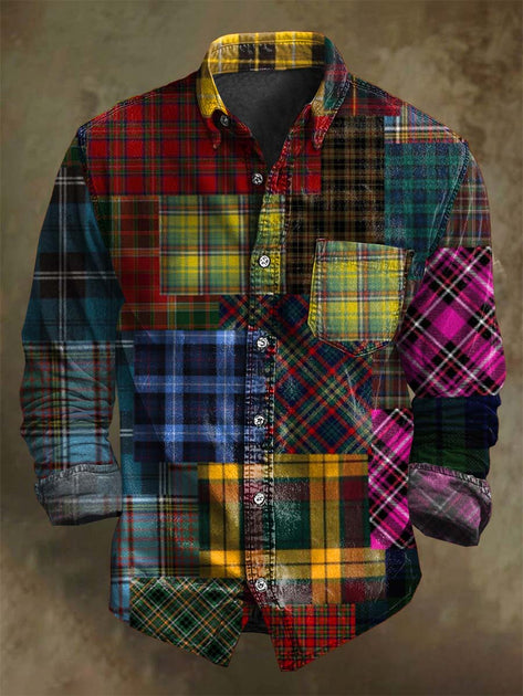 Retro Patchwork Irregular Check Print Long-Sleeve Shirt – luckkyman
